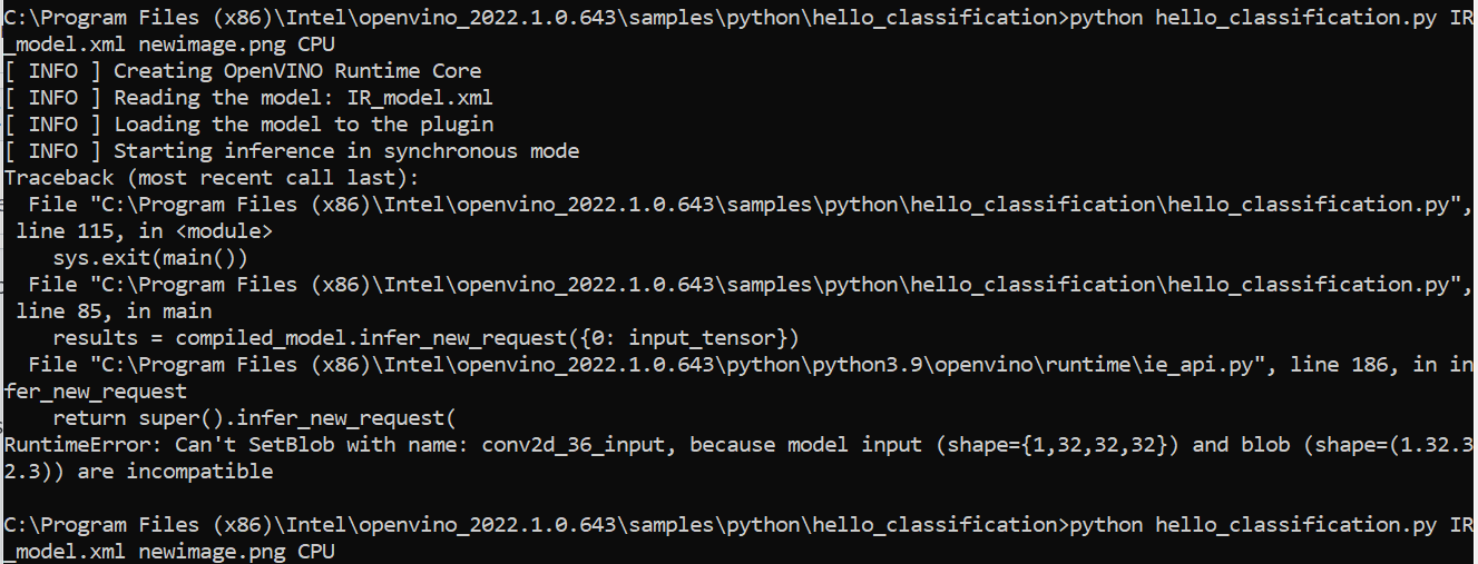 [Bug] RuntimeError: Can't SetBlob with name: conv2d_36_input, because model input (shape={1,32 ...