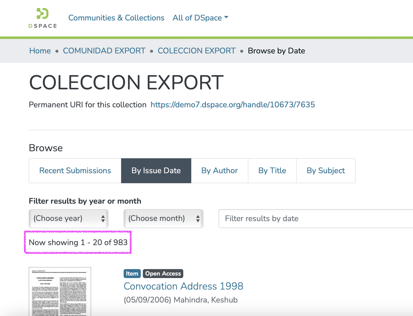 browseBy pageSize setting is not taken into account for browsing a collection by "Recent ...
