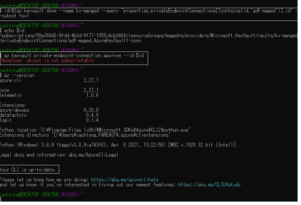 Failded to approve key Vault private endpoint in data factory managed VNet with Azure CLI ...
