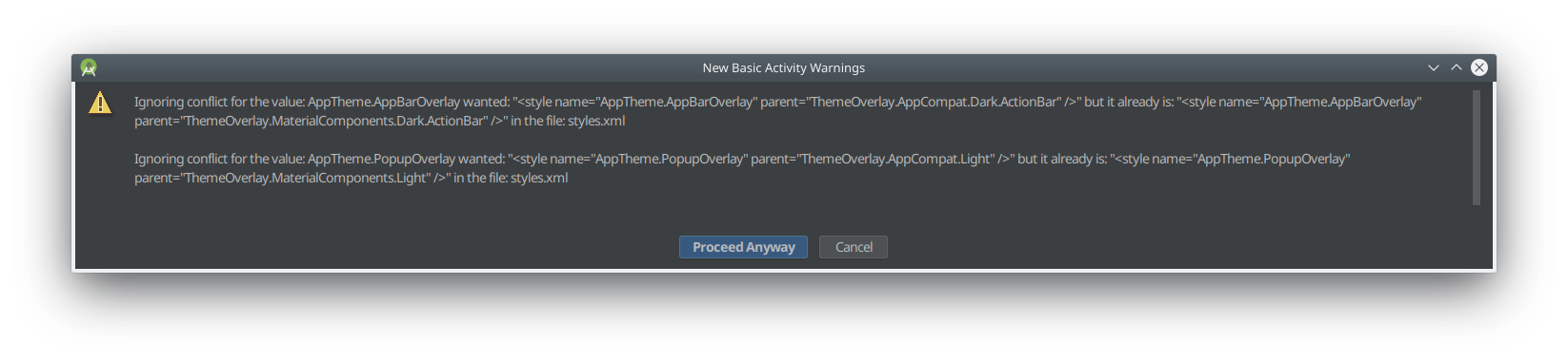 [Android] Android Studio complaints when using ThemeOverlay.MaterialComponents instead of ...