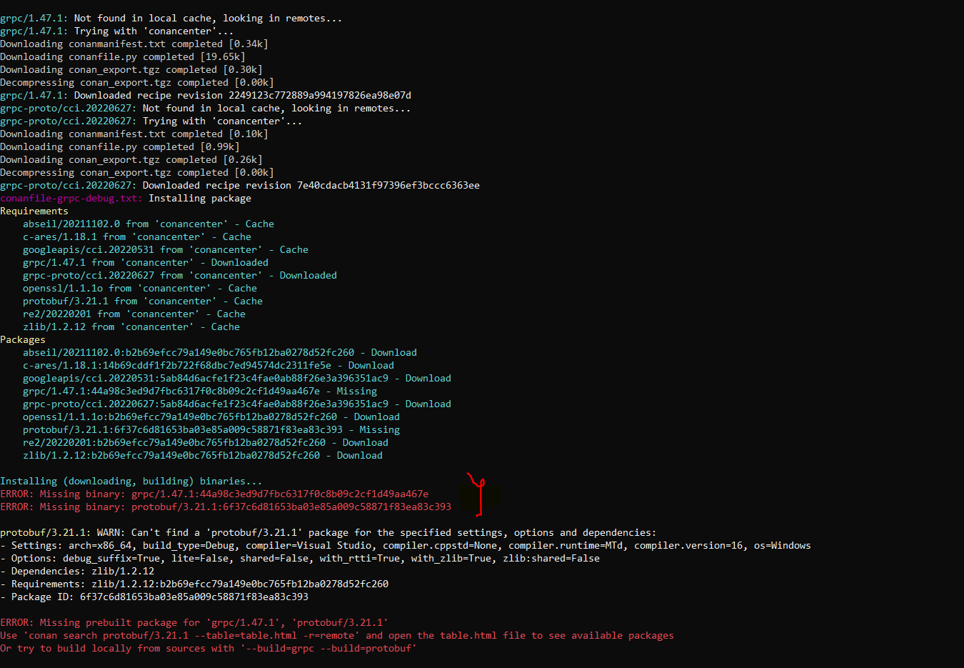 [conan.io/center] missing binary `grpc/1.39.1@#418bf3add29c551ceba9517f35b3db69` · Issue #11903 ...