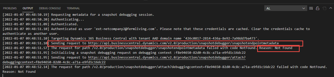 Snapshot debugger error "Not found" · Issue #6880 · microsoft/AL · GitHub