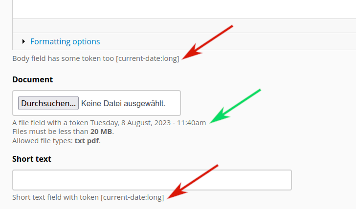 Token in field descriptions not working unless in fields that handle multiple values · Issue ...