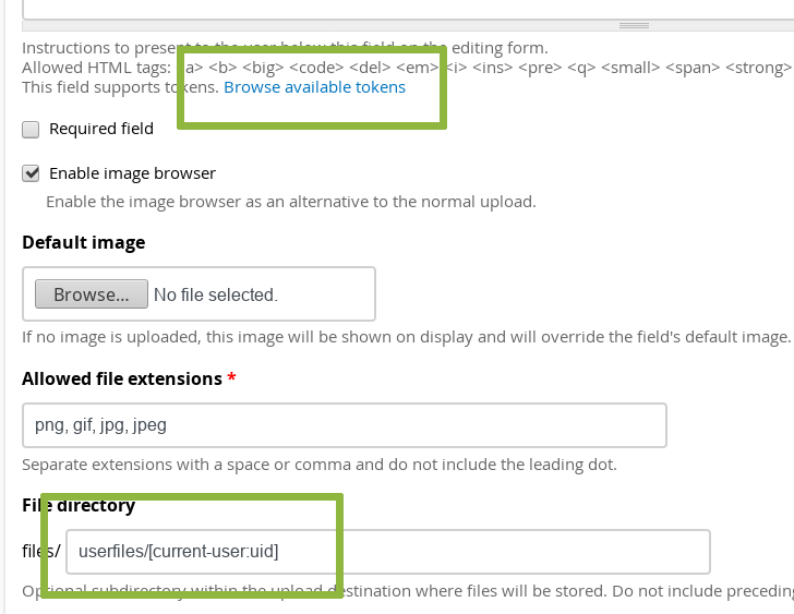 Add support for tokens in the file field names and paths (File Field Paths module in core ...