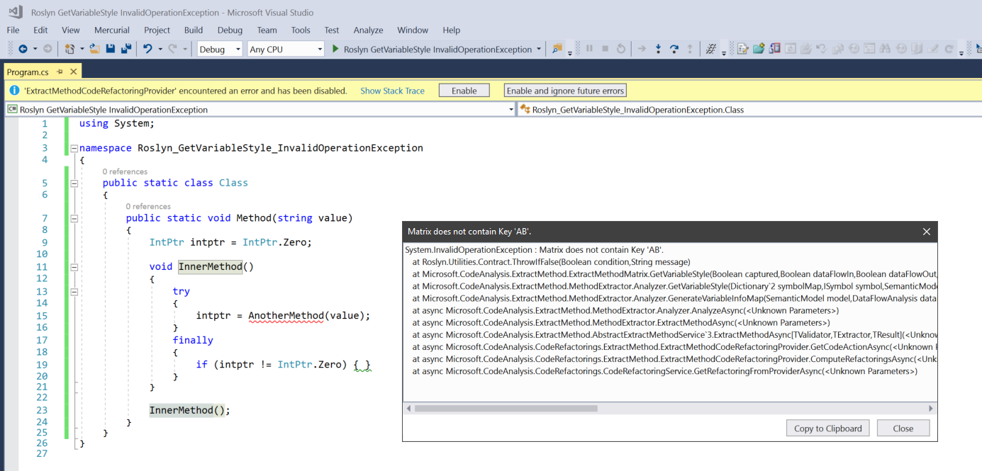 ExtractMethodCodeRefactoringProvider encountered an error and has been disabled. · Issue #31249 ...