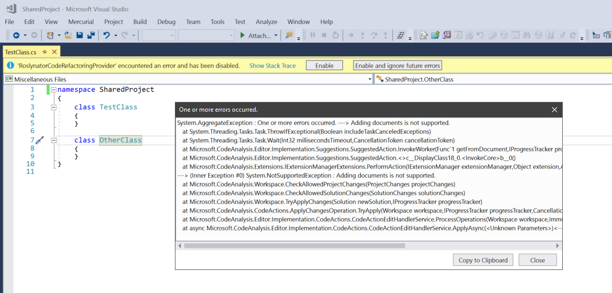 RoslynatorCodeRefactoringProvider NotSupportedException Adding documents is not supported ...