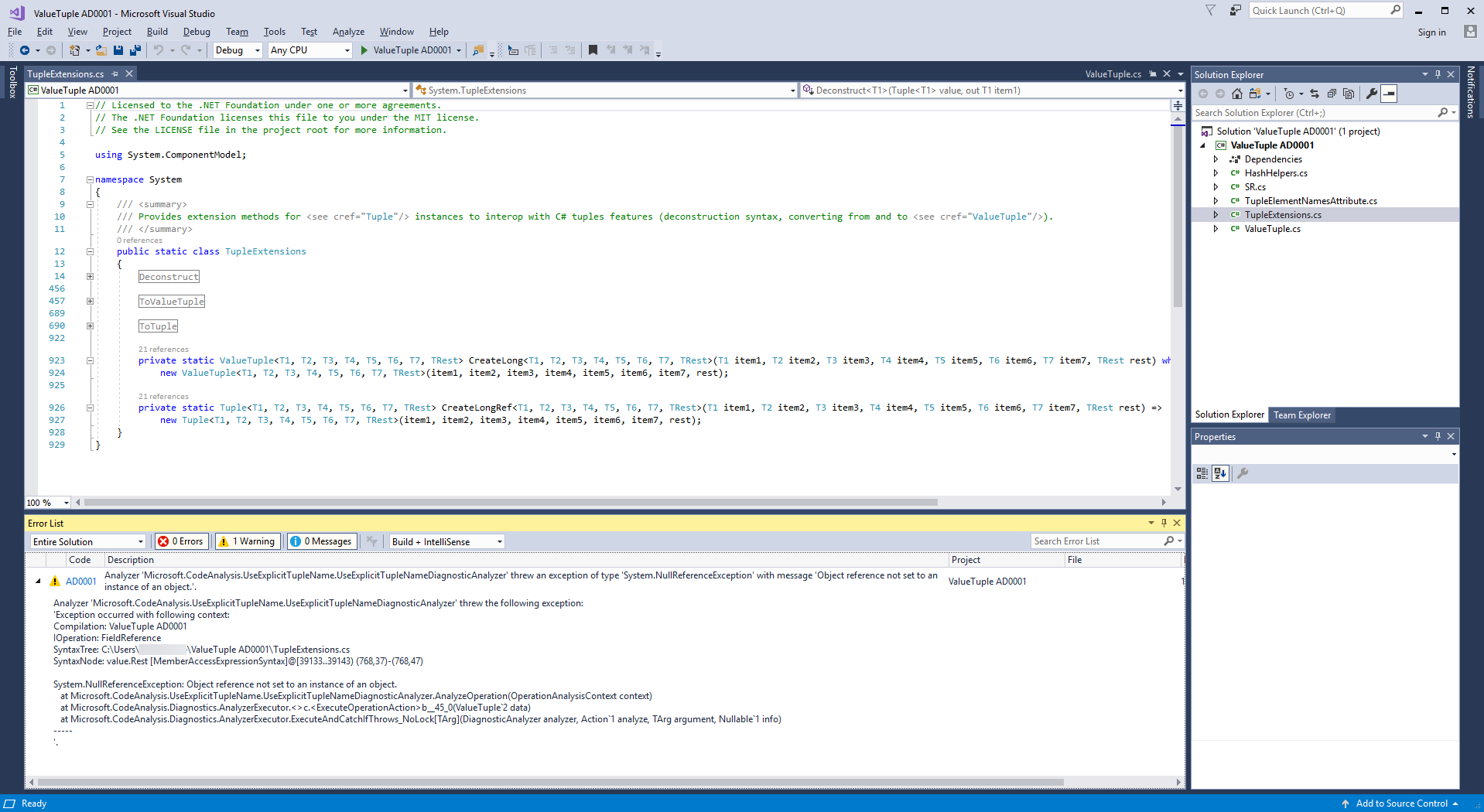 AD0001 NullReferenceException at Microsoft.CodeAnalysis.UseExplicitTupleName ...
