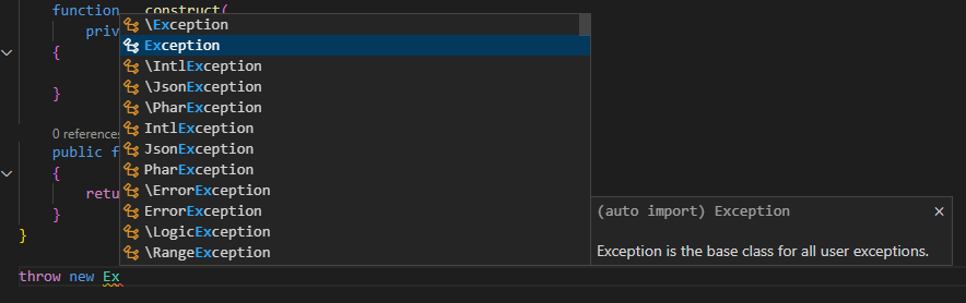 Add `\Exception` to autocompletion list · Issue #252 · DEVSENSE/phptools-docs · GitHub