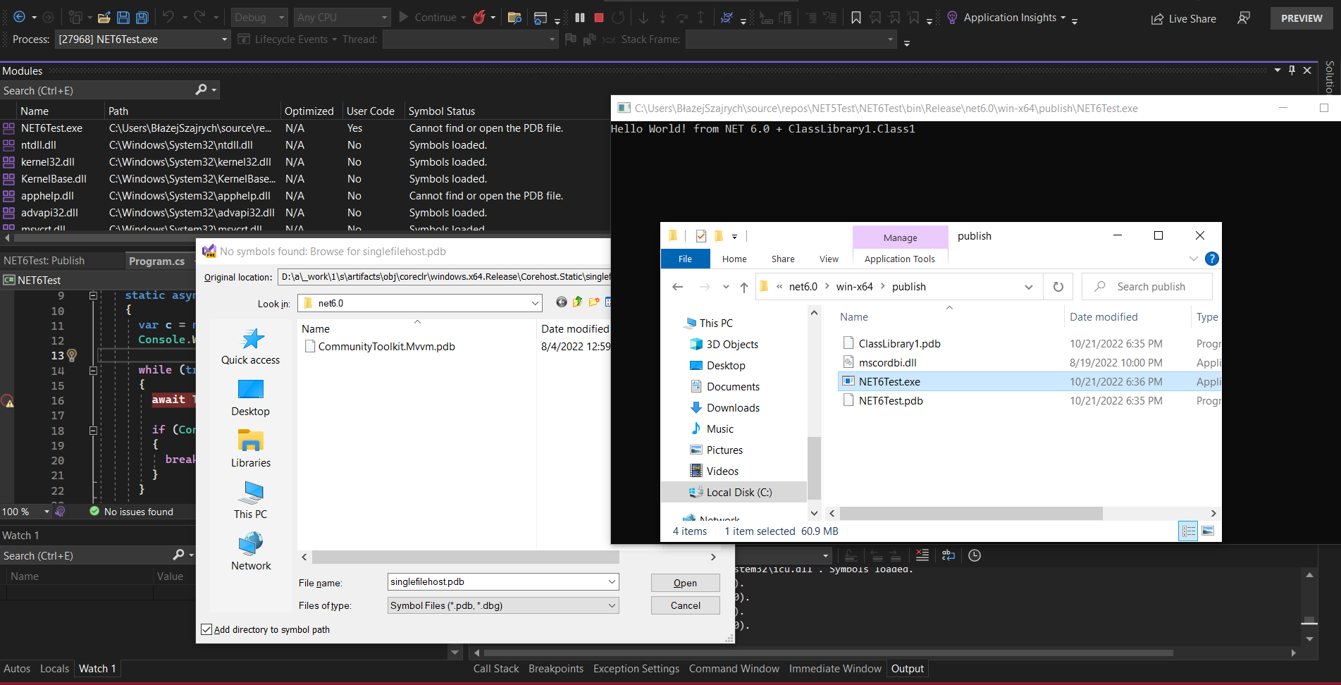 Cannot Load Symbols For Release Project When Publish Single File Is Set To True It Wants To