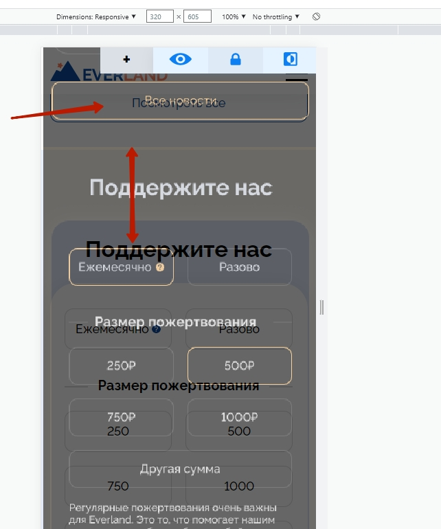 'Donation form' 320px: The width of the elements and the margins differ ...
