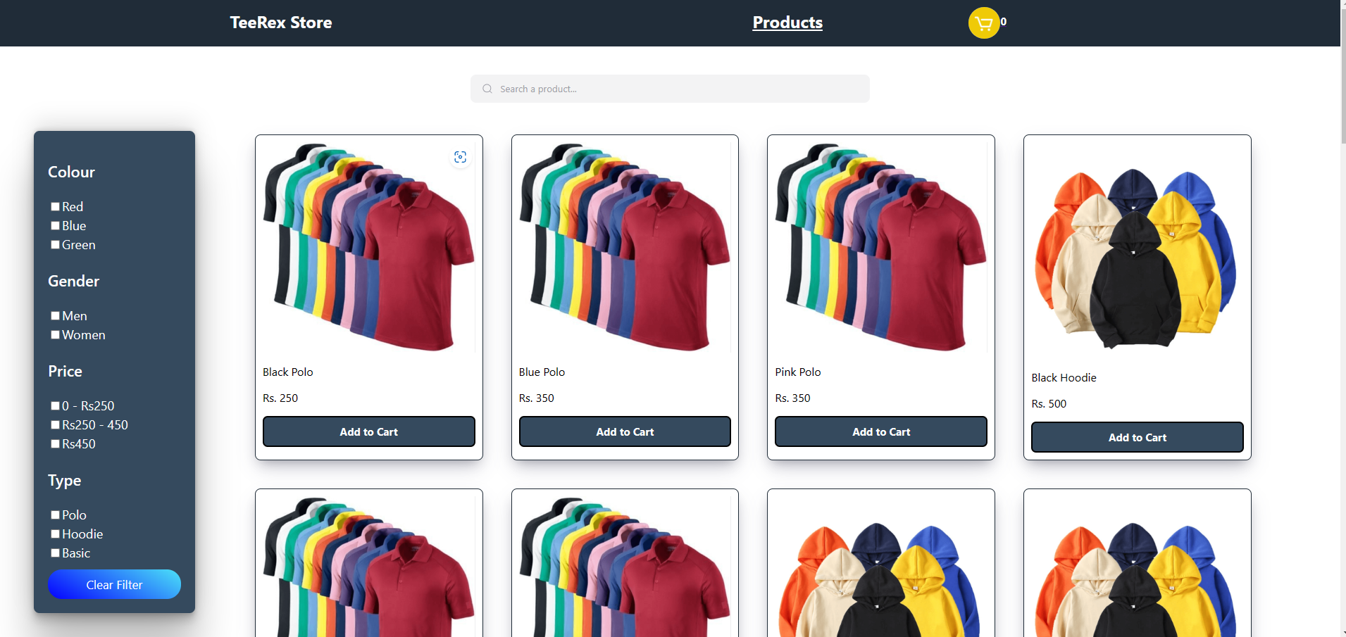 GitHub - Manoranjan-Sethi/teerex-store: A clothing store with filter functionality and add to cart.