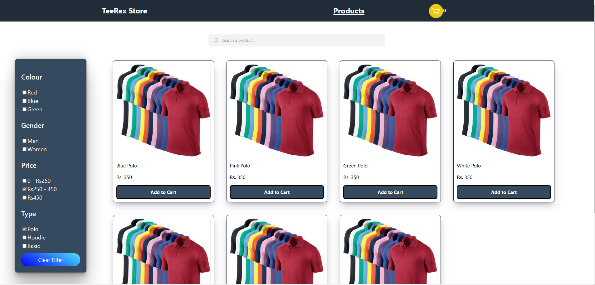 GitHub - Manoranjan-Sethi/teerex-store: A clothing store with filter functionality and add to cart.