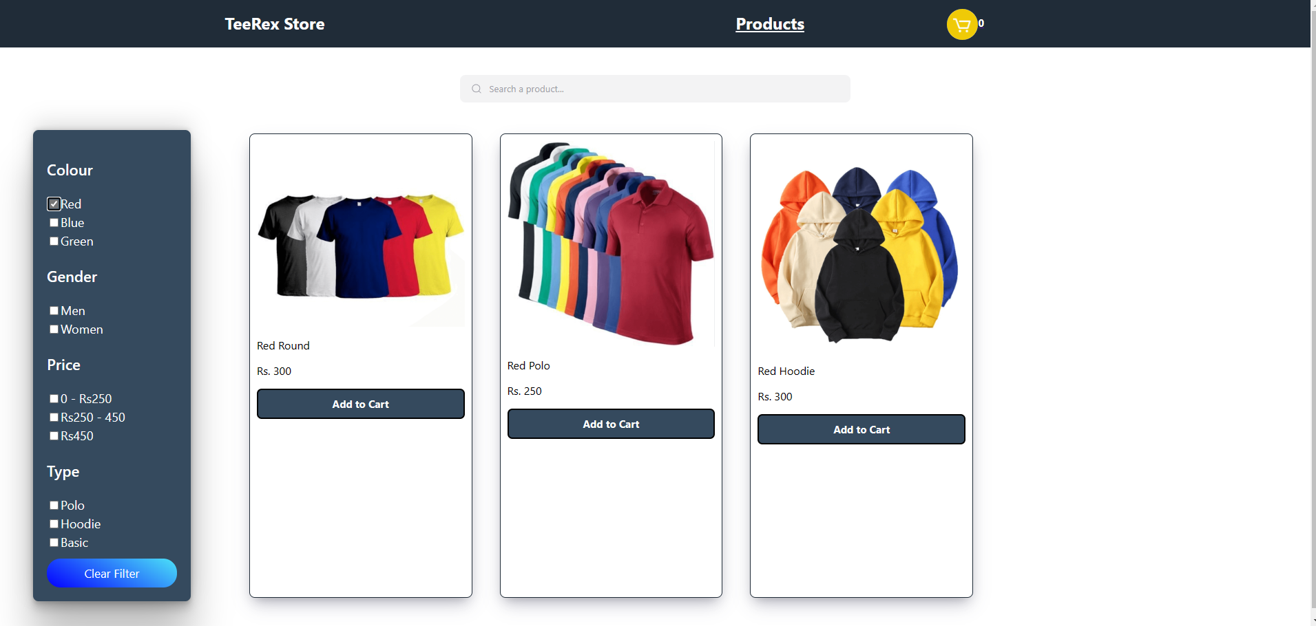 GitHub - Manoranjan-Sethi/teerex-store: A clothing store with filter functionality and add to cart.