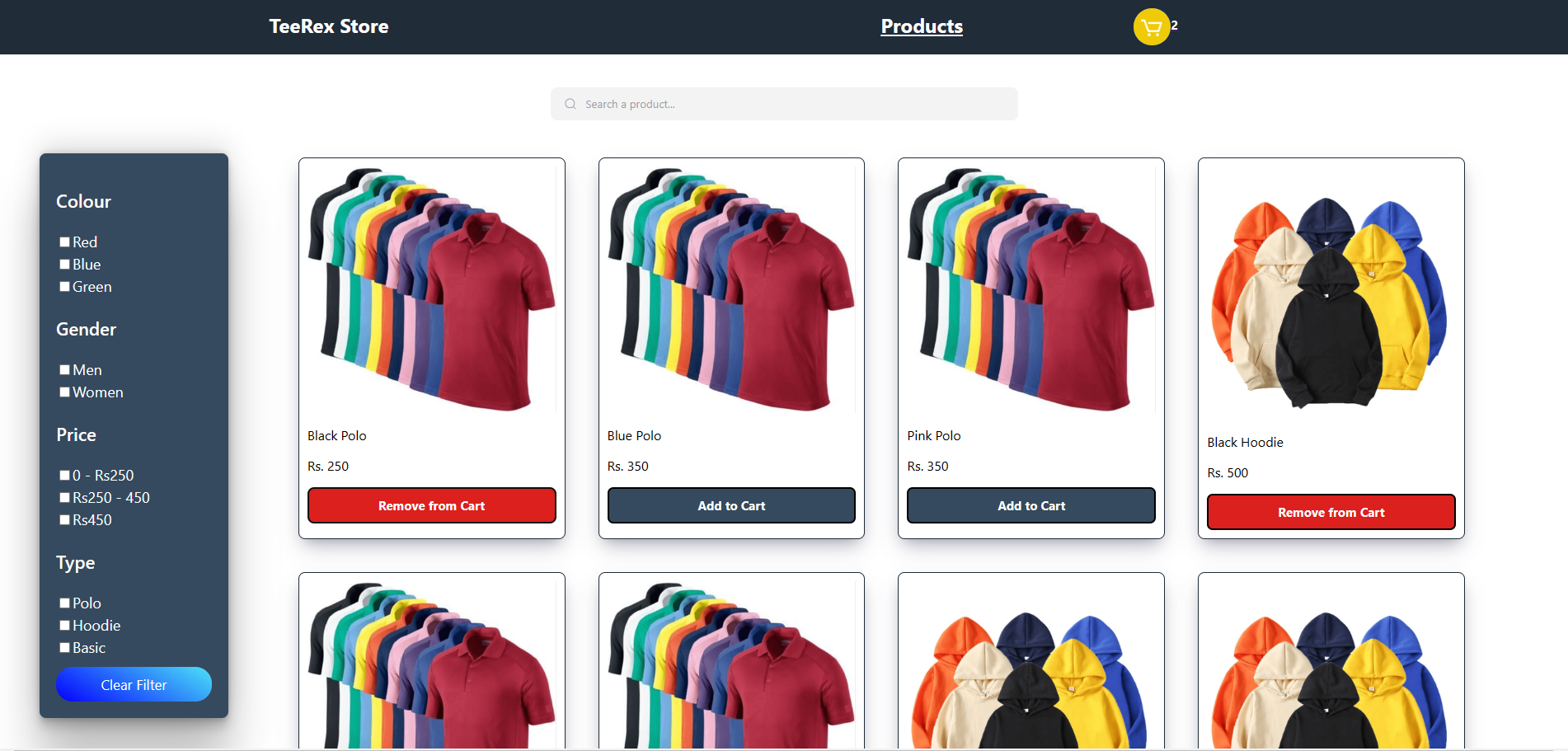 GitHub - Manoranjan-Sethi/teerex-store: A clothing store with filter functionality and add to cart.