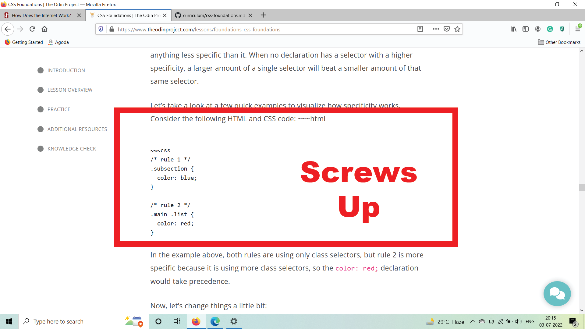 Bug Css Foundations Html And Css Codes In The Specificity Section