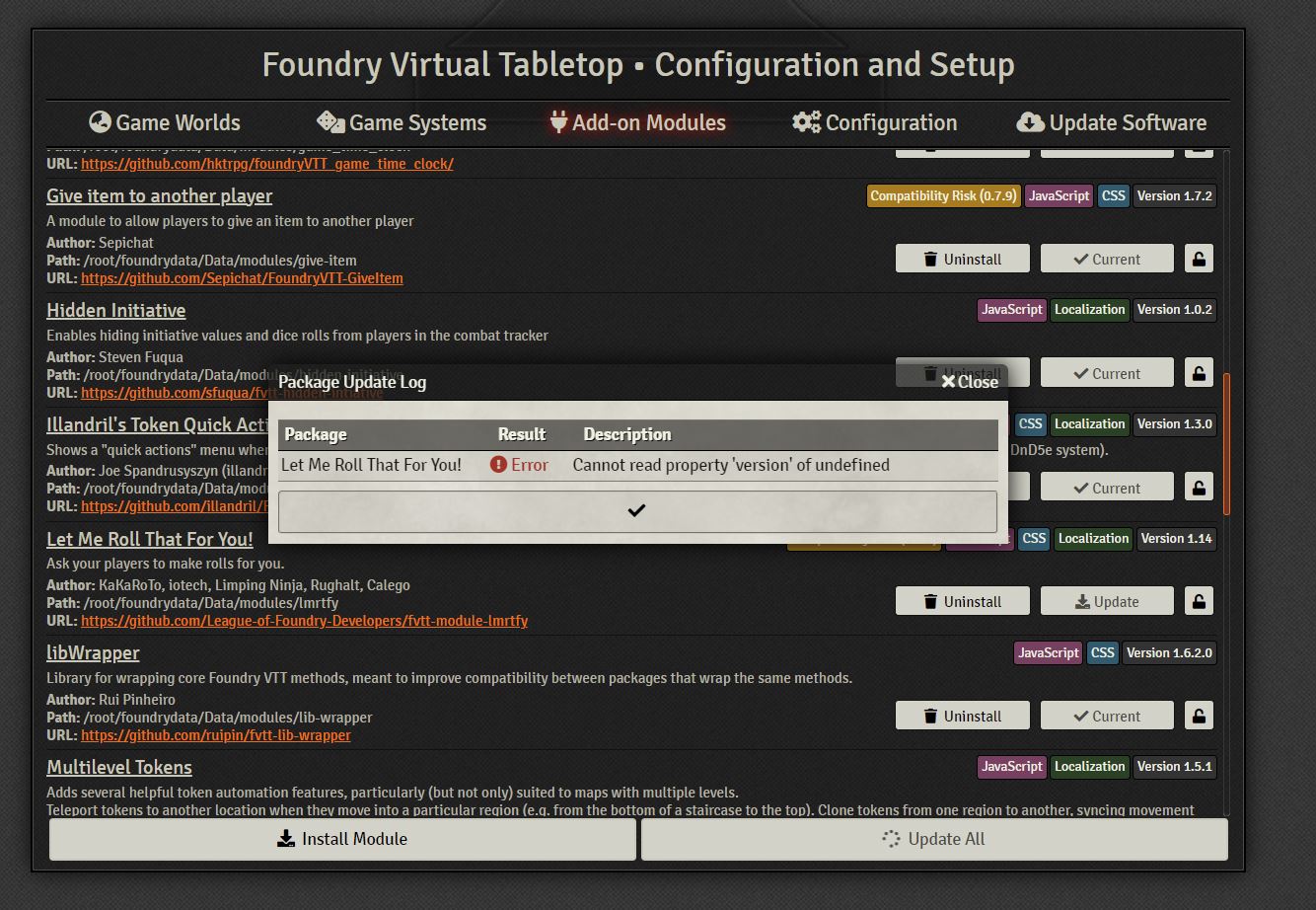 Update Error on Foundry 0.8.6 · Issue #99 · League-of-Foundry-Developers/fvtt-module-lmrtfy · GitHub