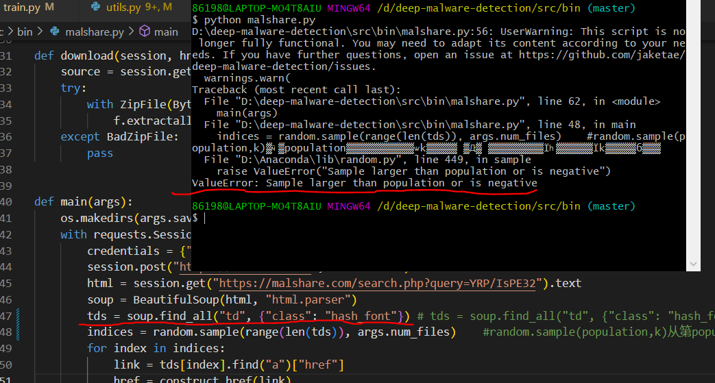 ValueError: Sample larger than population or is negative · Issue #9 · jaketae/deep-malware ...