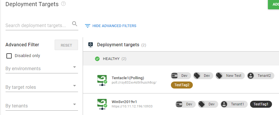 In Infrastructure -> Deployment Targets, filtering by Tenant name with more than one Tenant ...