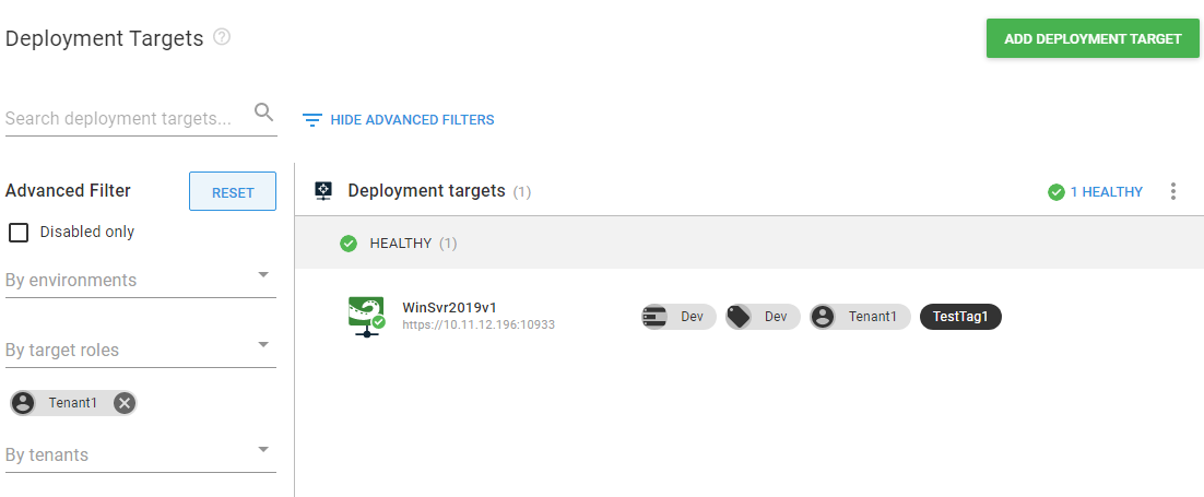 In Infrastructure -> Deployment Targets, filtering by Tenant name with more than one Tenant ...