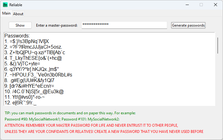 GitHub - axelblatt/reliable: Generate passwords by a master-password