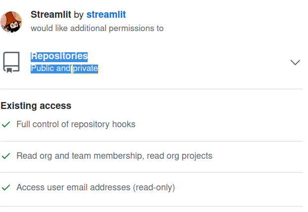 Streamlit cloud requests read/write permissions to private repositories when deploying public ...