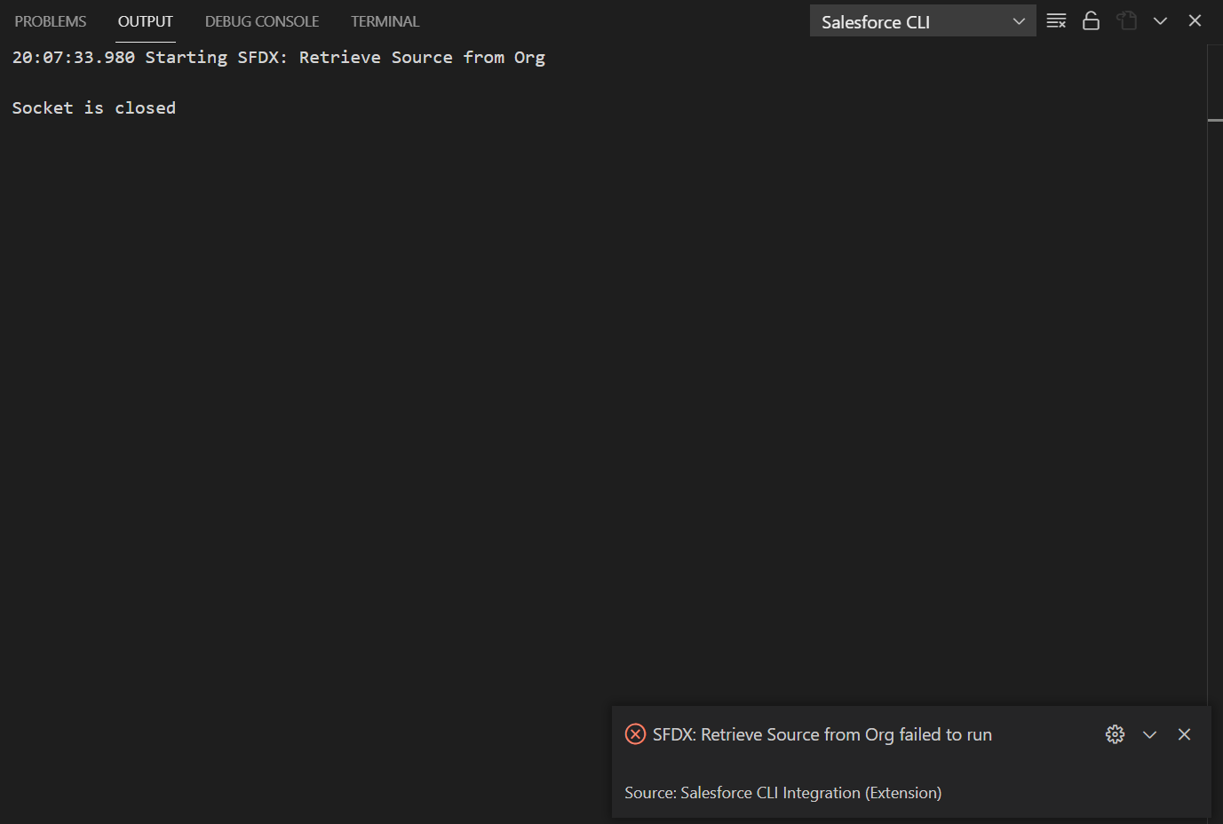 Socket Is Closed Error While Retrieving Source From Org In Vs Code 5374