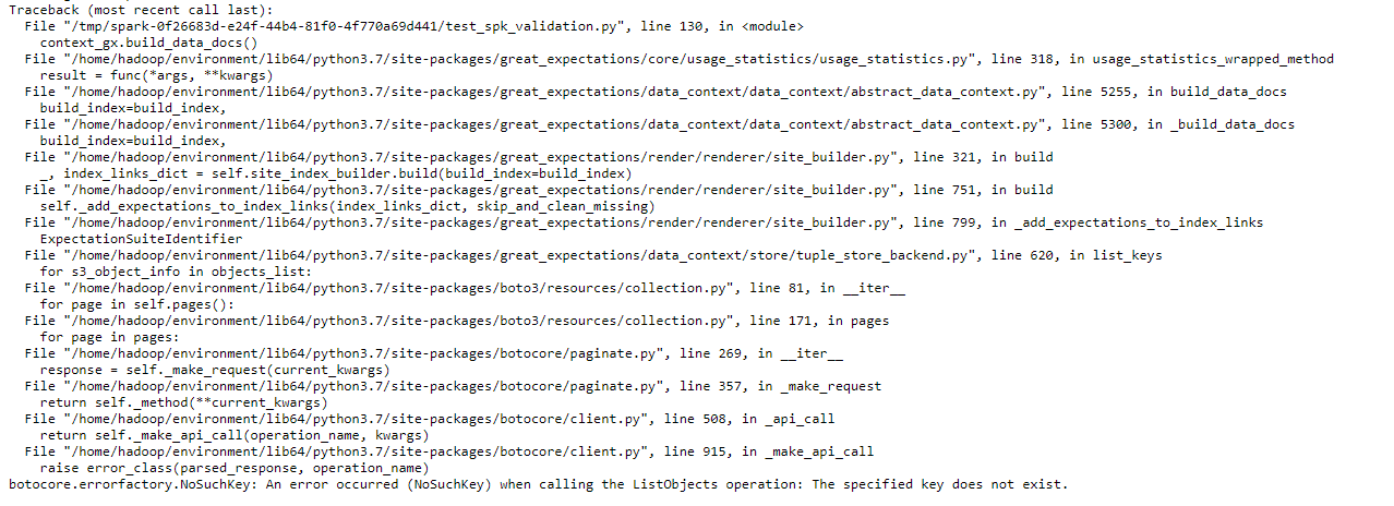 Specified Key does not exist/Access denied : While building data docs ...