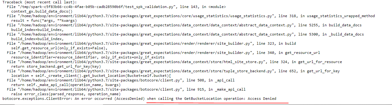 Specified Key does not exist/Access denied : While building data docs ...