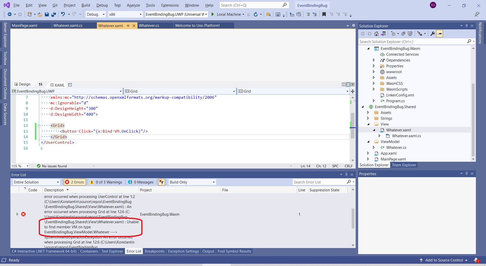 Wasm event binding on dependency property fails when view and view model have same name (but ...