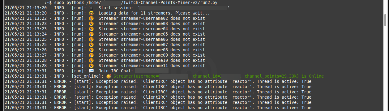 ERROR ClientIRC no reactor · Issue #182 · Tkd-Alex/Twitch-Channel-Points-Miner-v2 · GitHub