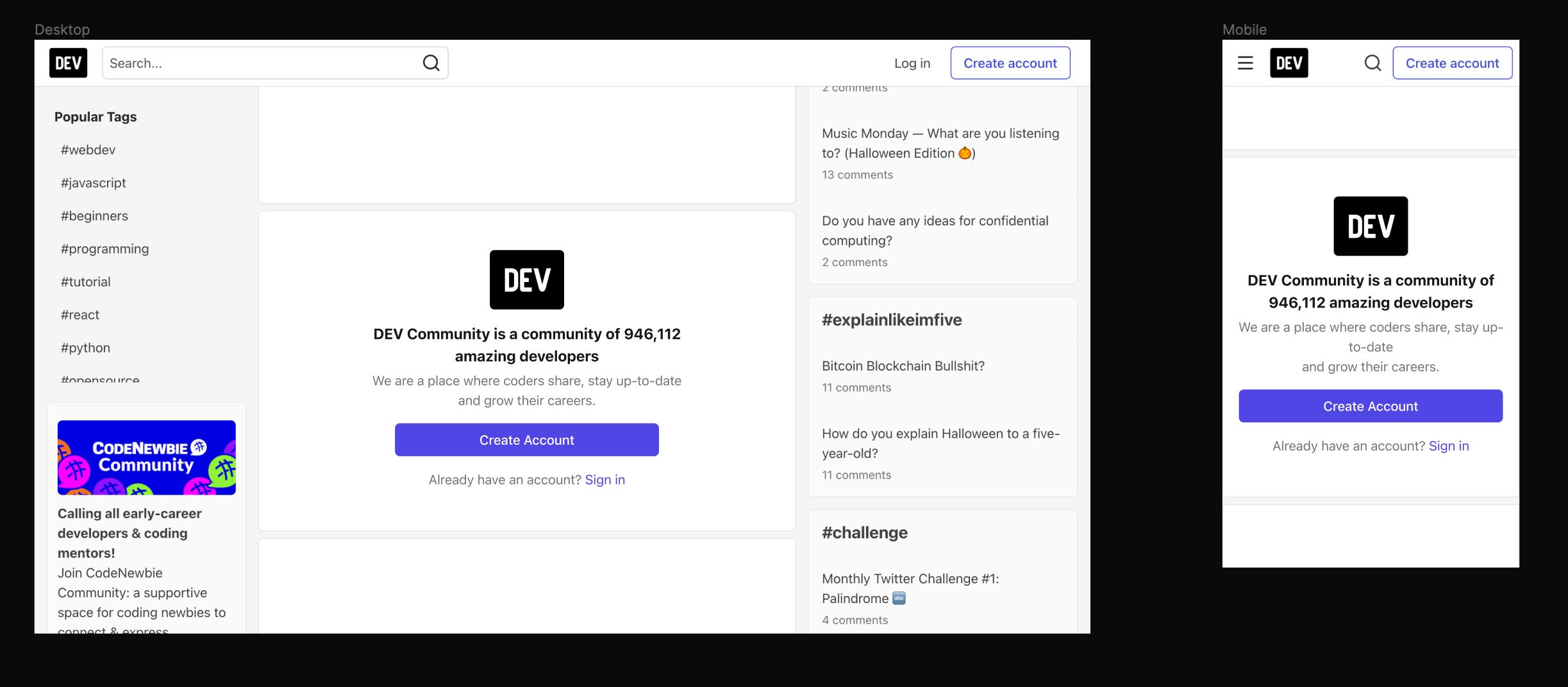Update UI for Create Account/ Login CTA on home feed · Issue #18646 · forem/forem · GitHub