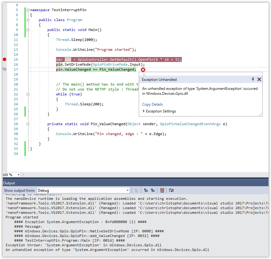 Exception with event on GpioPin input type · Issue #272 · nanoframework/Home · GitHub