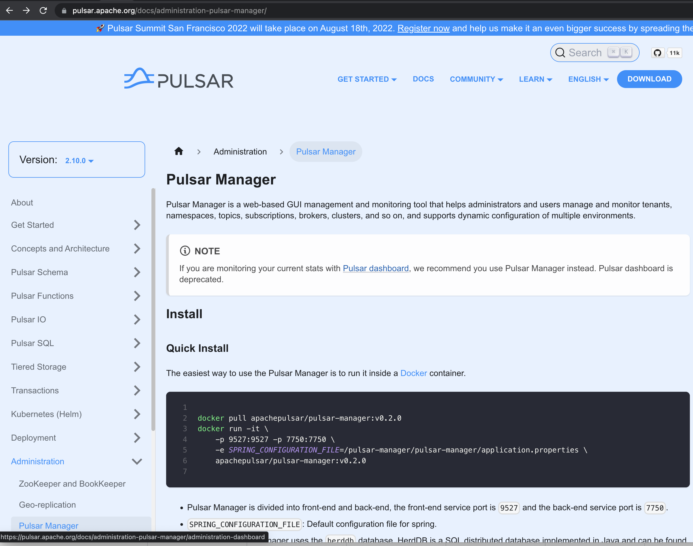 [Doc] Pulsar dashboard link in the pulsar-manager doc note section is broken · Issue #16101 ...