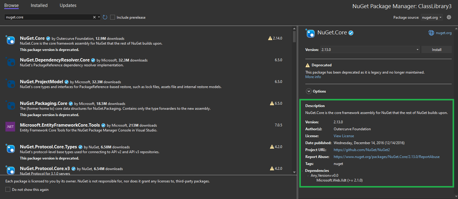The Deprecated Package Nugetcore Version 2140 Has No Detailed Information In The Right