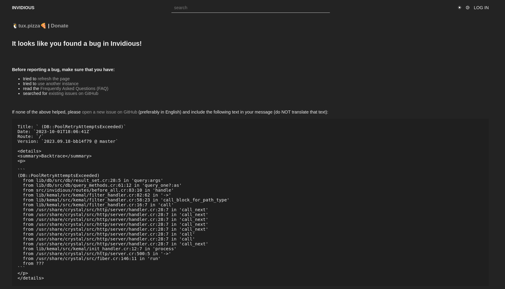 Bug Random Dbpoolretryattemptsexceeded Random Errors · Issue 4135 · Iv Orginvidious · Github