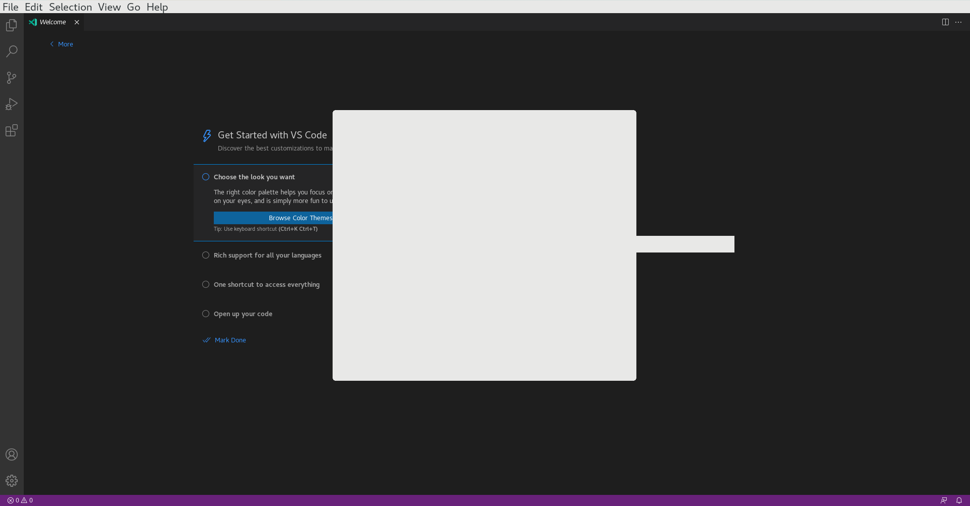 VSCode 1.57 hangs on linux with a message "Select a language to get ...