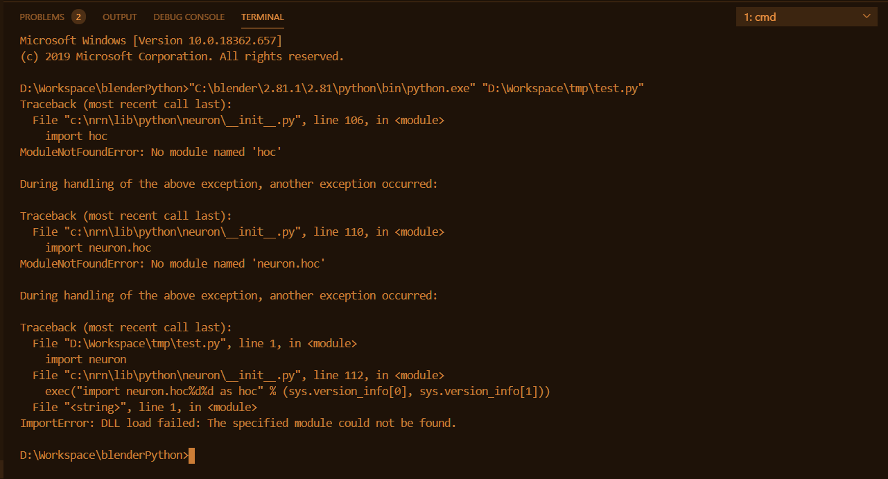'DLL import Failed' only happens in VSCode integrated terminal, but not when using windows cmd ...
