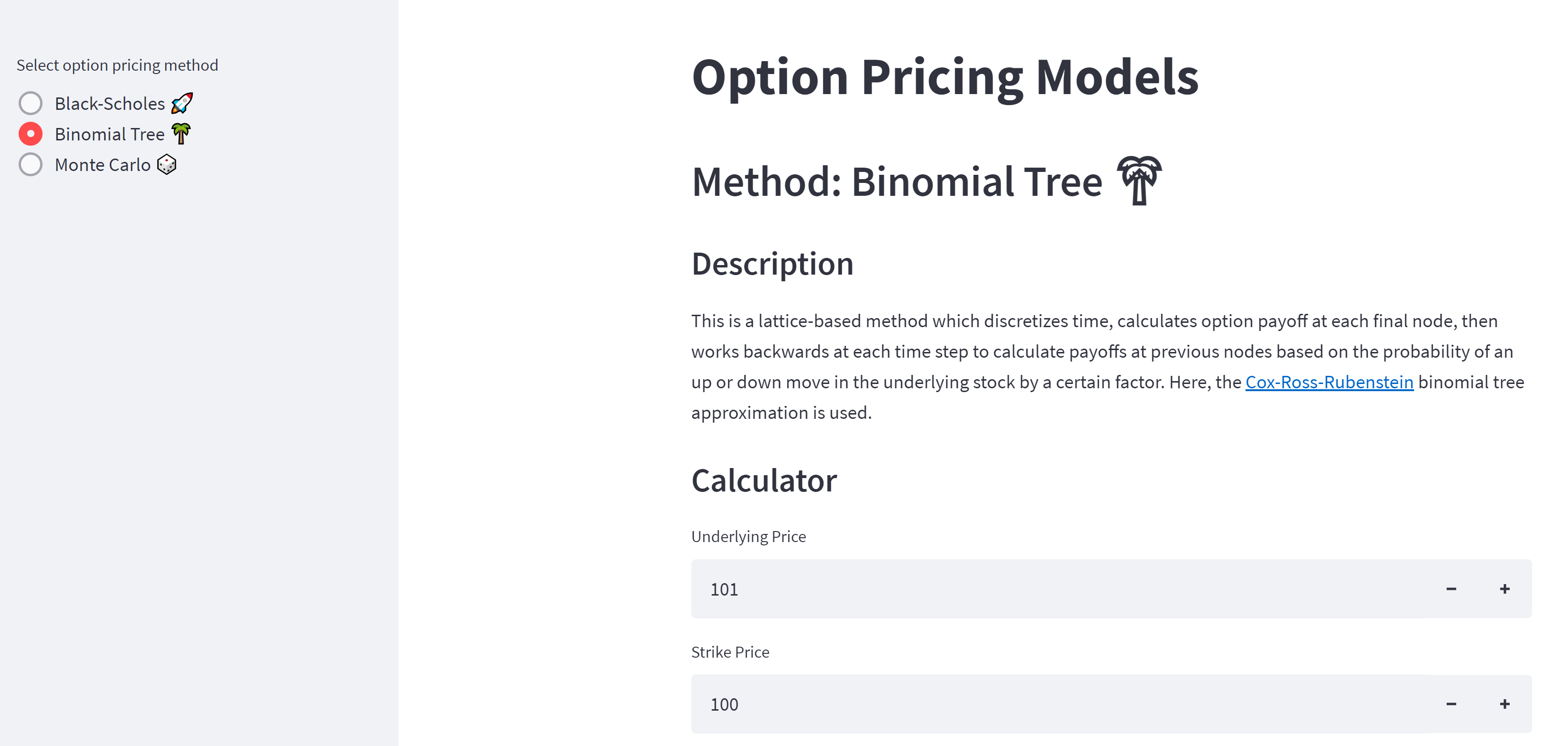 GitHub - fxngjolie/option-pricing: European options pricing models in Streamlit: Binomial tree ...