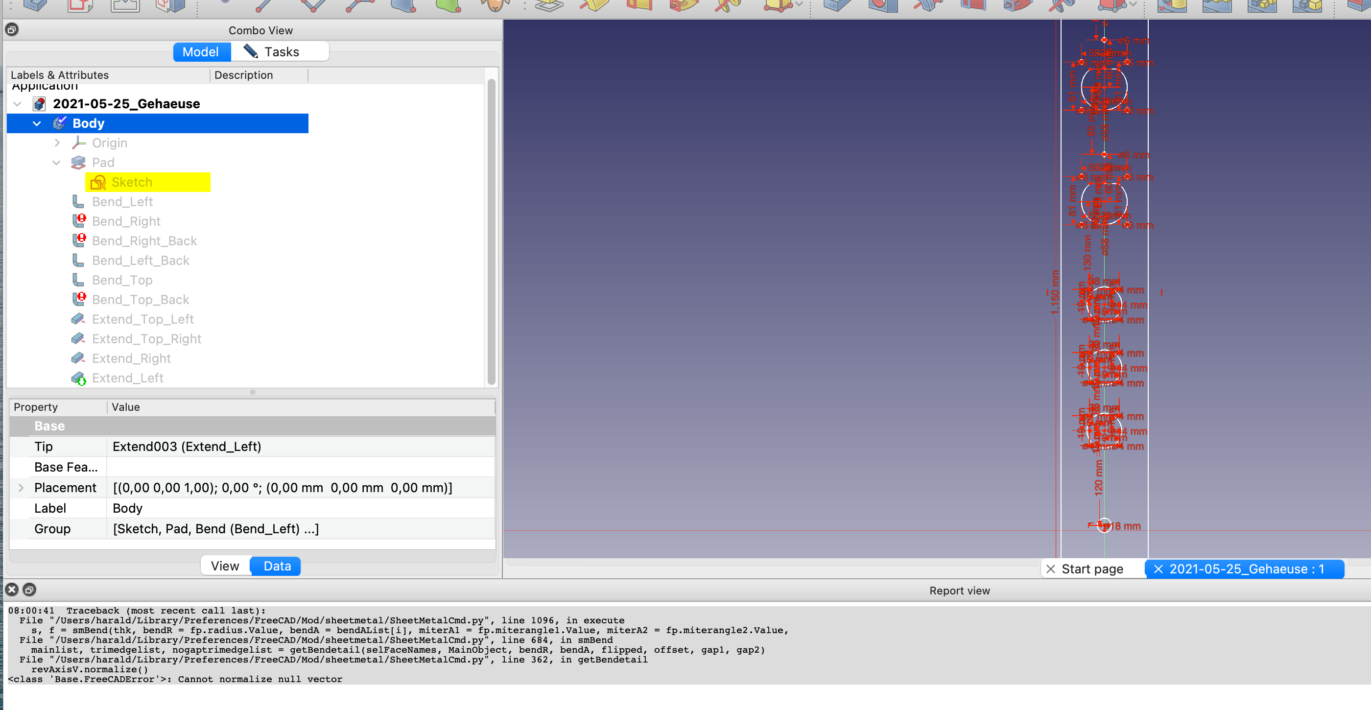 Using SheetMetal, PartDesign and Sketcher, after modifying sketch got error "cannot normalize ...