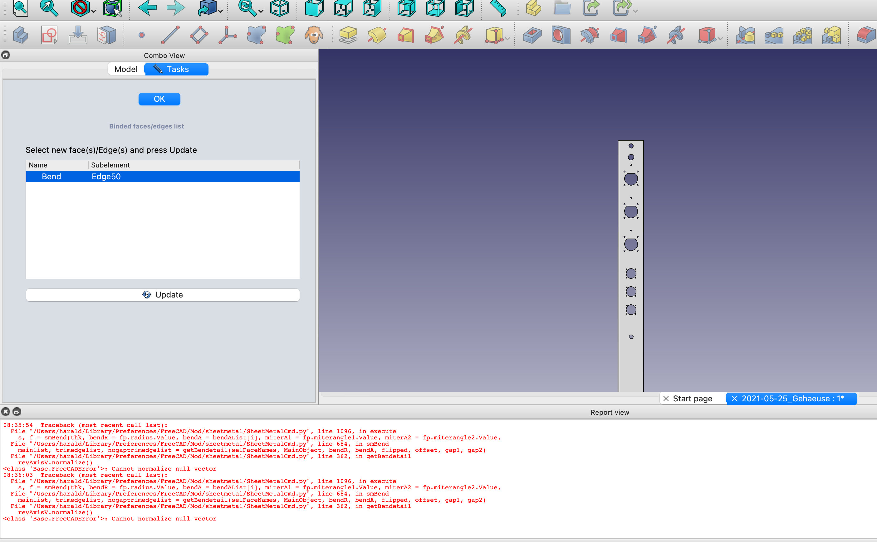 Using SheetMetal, PartDesign and Sketcher, after modifying sketch got error "cannot normalize ...