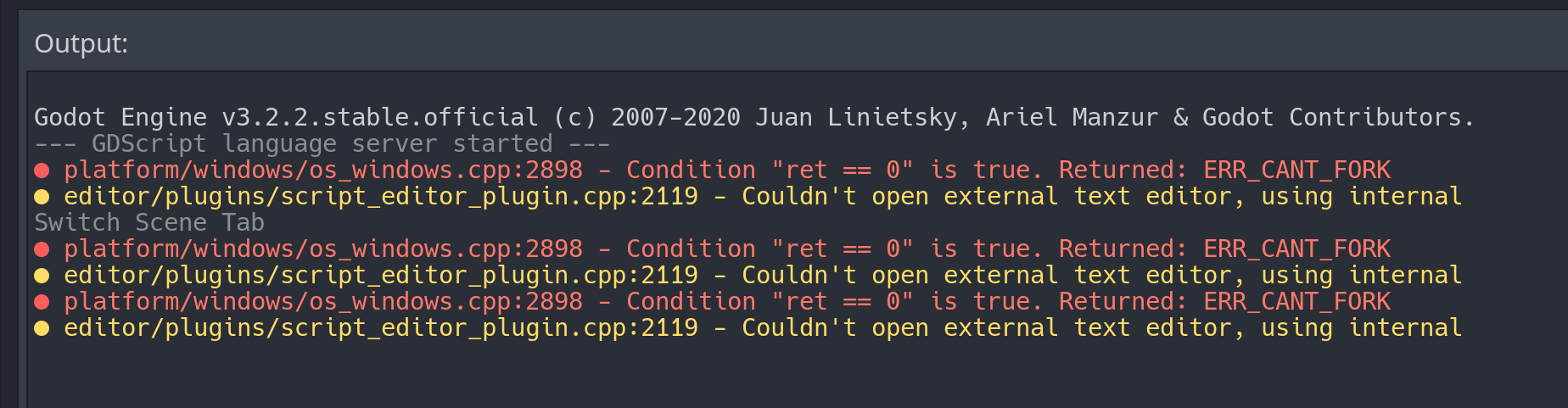 Godot 3.2.3 RC4 / 3.2.2-Stable "Couldn't open external text editor, using internal" error when ...