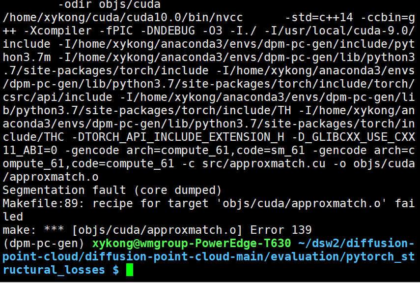 make: *** [objs/cuda/approxmatch.o] Error 139 · Issue #9 · luost26/diffusion-point-cloud · GitHub