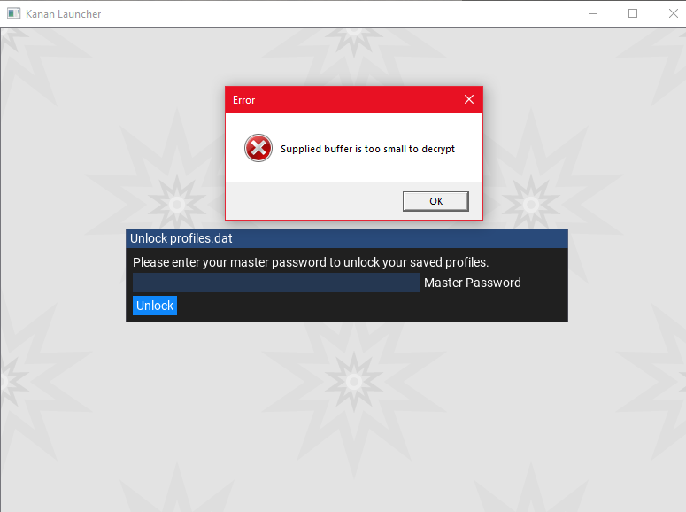 Launcher Issue: "Supplied buffer is too small to decrypt" · Issue #242 · cursey/kanan-new · GitHub