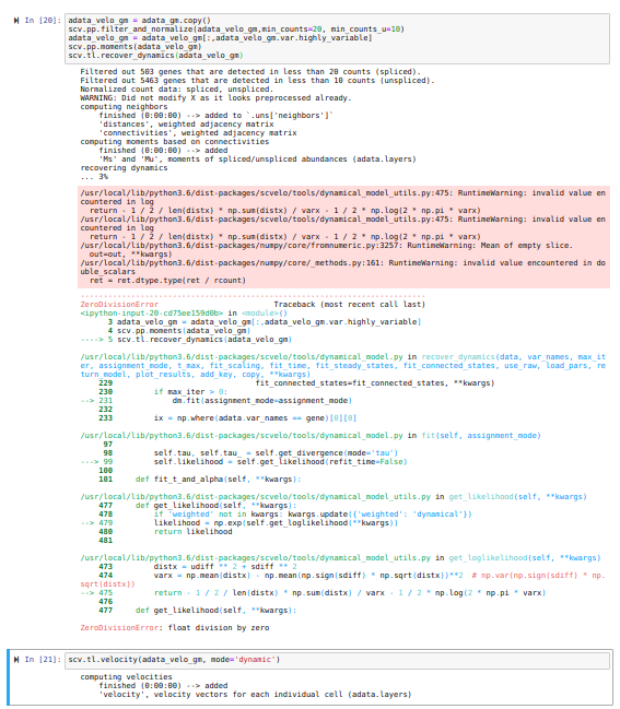 scv.tl.recover_dynamics errror: float division by zero · Issue #104 · theislab/scvelo · GitHub