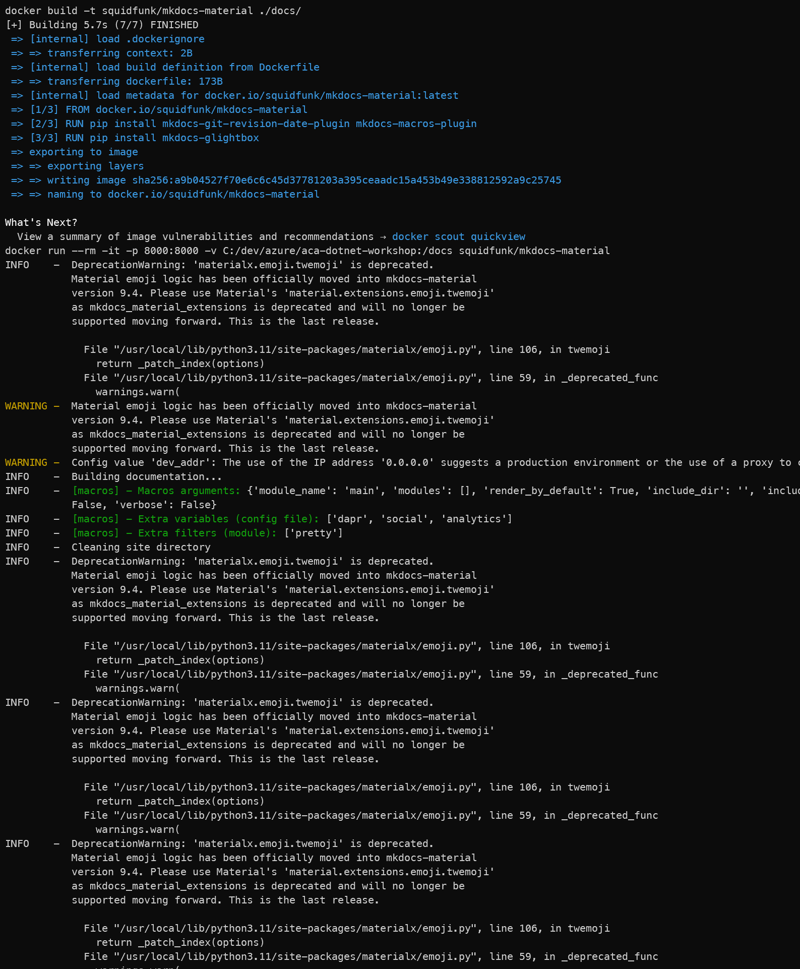 Replace Deprecated MkDocs Extensions · Issue #125 · Azure/aca-dotnet-workshop · GitHub