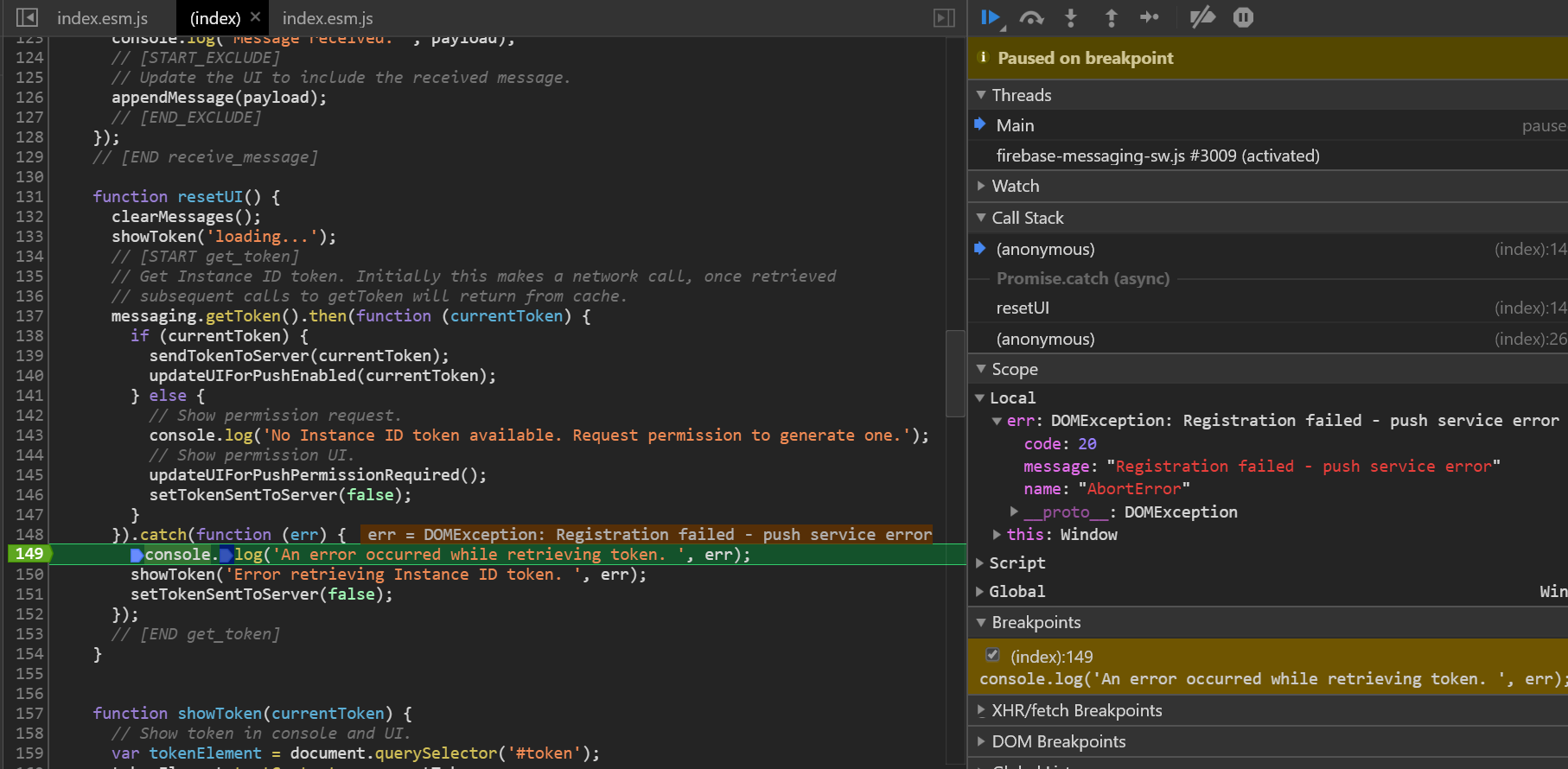 [messaging] getToken rejects promise with AbortError (code 20) · Issue #231 · firebase ...