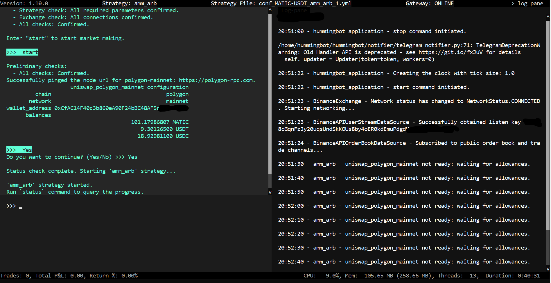 AMM Arbitrage strategy stuck on "waiting for allowances" on Polygon ...