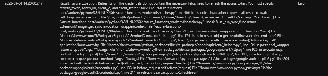 Google Workspace Function | "Result: Failure Exception: RefreshError: The credentials do not ...