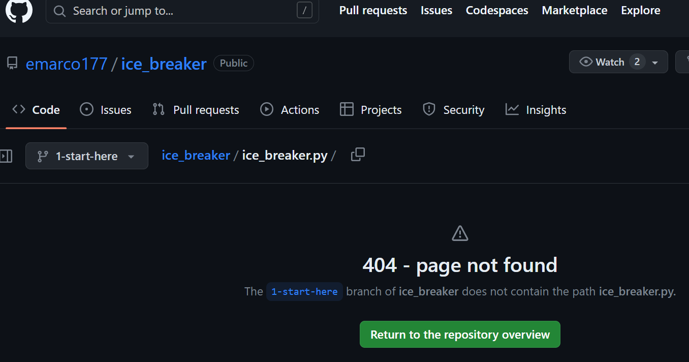 '1-start-here' branch shows no code 路 Issue #2 路 emarco177/ice_breaker ... '1-start-here' branch shows no code 路 Issue #2 路 emarco177/ice_breaker ...