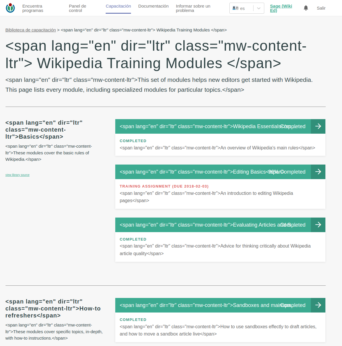 Training Library pages with incomplete translation pages show raw HTML ...